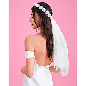 xo, Fetti Bachelorette Party Flower Hair Crown Veil - Iridescent | Boho Bach Party Accessory, Bride To Be Floral Headband Decorations, White Headpiece Bridal Shower Gift, Engagement