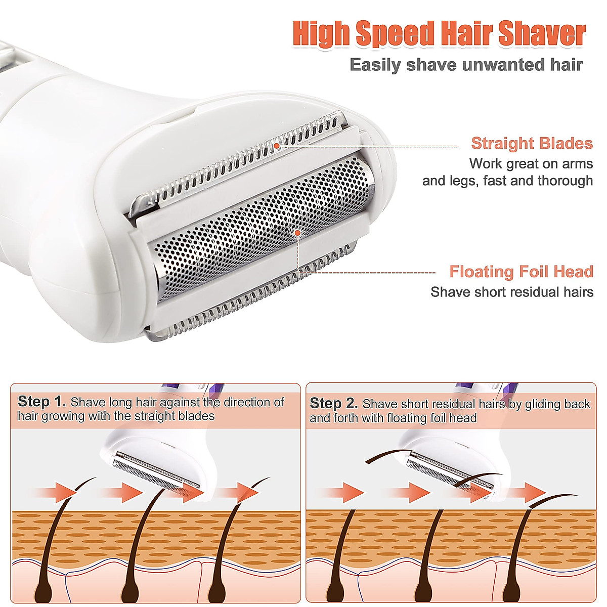 VOCOSTE Electric Razor for Women, 5 in 1 Electric Shaver for Women, Portable Rechargeable Hair Trimmer Wet and Dry Cordless Women Shaver Hair Remover for Face, Legs, and Bikini, Purple