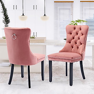 JETEAGO Velvet Dining Chair Set of 2, Upholstered Tufted Dining Room Chair with Nailhead Trim and Solid Wood Leg for Kitchen, Pink, W114391508