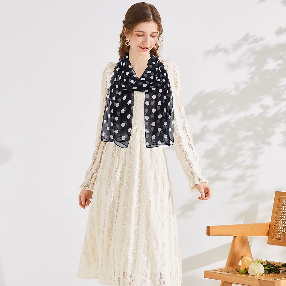 E-Clover 1950s Chiffon Scarf Long Polka Dot Scarfs Vintage 50s Sheer Neck Head Scarves Shawl for Women Black White Mothers Day Gifts