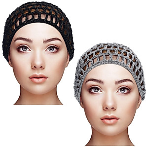 2 Pieces Mesh Crochet Hair Net Rayon Knit Snood Hat Cover Crocheted Sleep Cap for Women (Black, Gray)