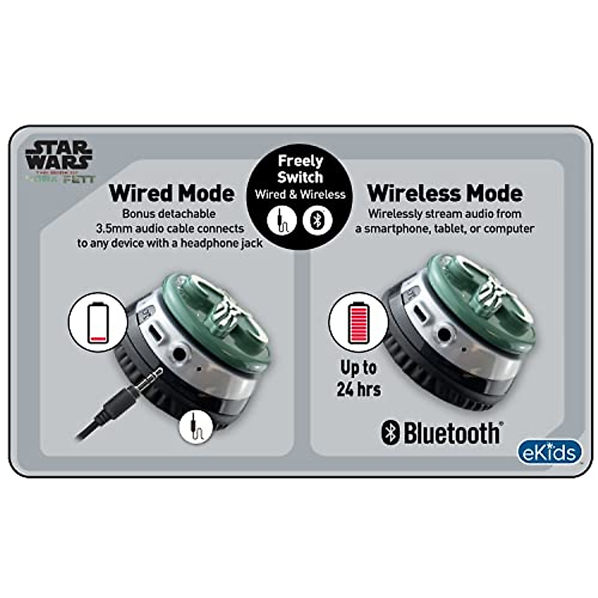 eKids Book of Boba Fett Bluetooth Headphones, Wireless Headphones with Microphone Includes Aux Cord, Kids Headphones for School, Home, or Travel