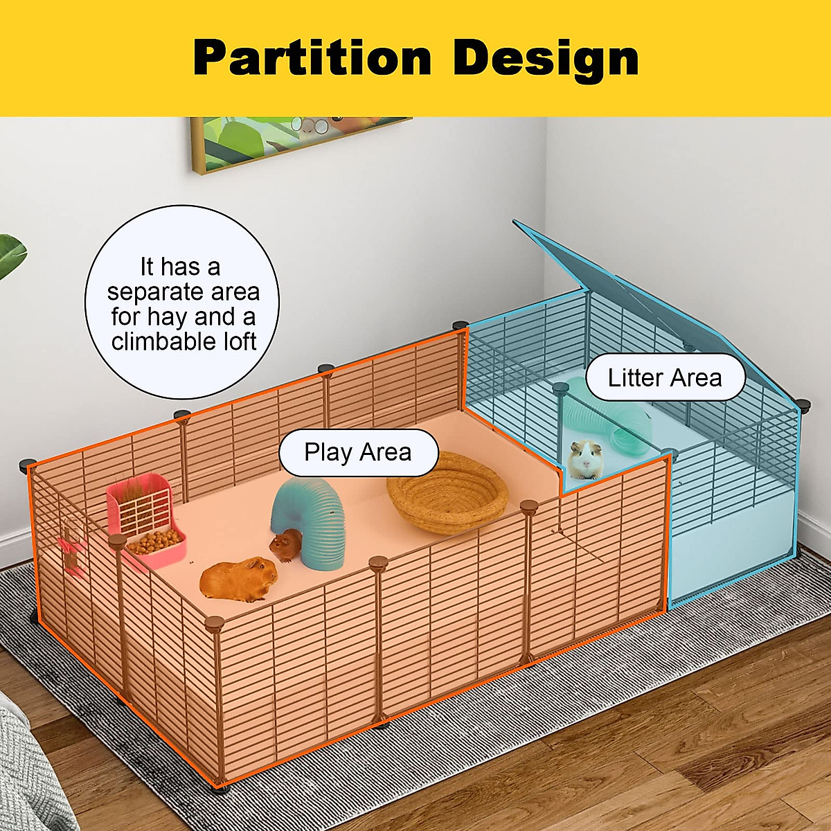 Guinea Pig Cage,Indoor Habitat Cage with Waterproof Plastic Bottom,Playpen for Small Pet Bunny, Turtle, Hamster