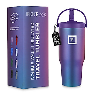 IRON °FLASK Sidekick Insulated Water Tumbler w/Straw & Foldable Handle - Stainless Steel Leak-Proof Bottle, Non-Slip Base & Fits Cup Holders for Hot, Cold Drinks - Travel Mug - 30 Oz, Aurora