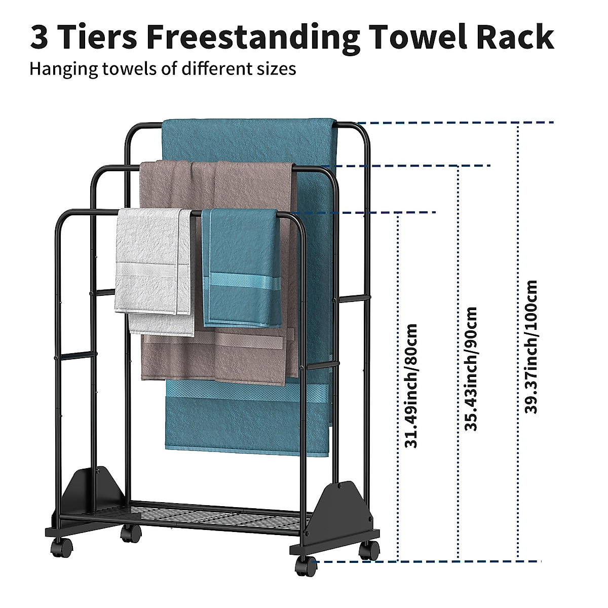GloTika Freestanding Towel Rack for Bathroom, 3-Tiers Pool Towel Rack Outdoor, Blanket Bath Towel Drying Rack, Laundry Storage Towel Stand with Wheels for Bedroom, Towel Dryer for Bathroom Black