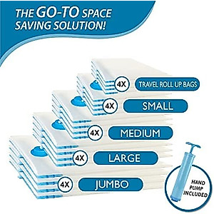 20 Pack Vacuum Storage Bags, Space Saver Bags (4 Jumbo/4 Large/4 Medium/4 Small/4 Roll) Compression for Comforters and Blankets, Sealer Clothes Storage, Hand Pump Included