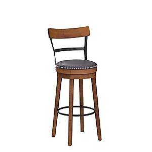COSTWAY Bar Stools Set of 2, 360-Degree Swivel Stools with Leather Padded Seat, Single Slat Ladder Back & Solid Rubber Wood Legs, Bar Height Stools for Pub, Restaurant, Kitchen, Brown (2, 30.5)