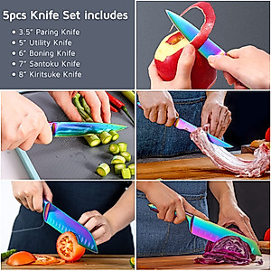 WELLSTAR Rainbow Knife Set 5 Piece, Razor Sharp German Stainless Steel Blade with Iridescent Titanium Coated, Kiritsuke Santoku Boning Utility Paring for Kitchen Cutting Dicing Filleting and Peeling