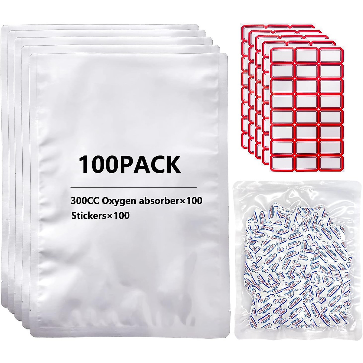 100 PCS 1Gallon Mylar Bags For Food Storage, Mylar Bags With Oxygen Absorbers - 300CC×100, Large Aluminum Mylar Bags - 15"x10"