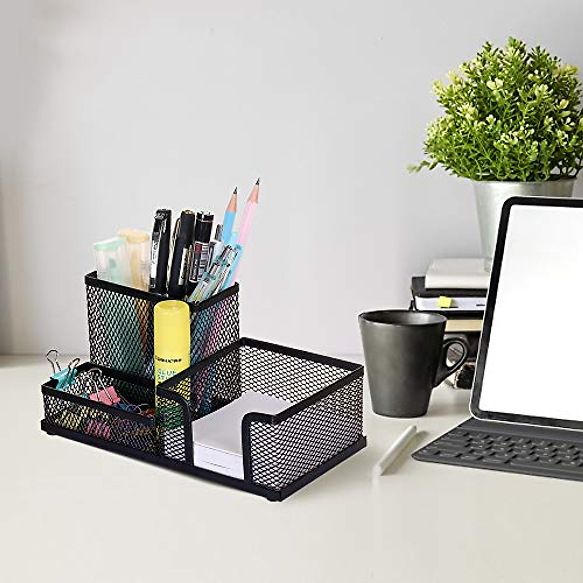 Comix Mesh Pen Pencil Holder with Post It Note Holders Desk Organizer, 3 Compartment Wire Desktop Pen Pencil Cup Caddy Office Supplies Accessories for Home Office School, Black