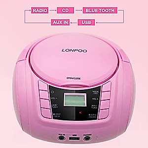 LONPOO Portable CD Player Kids Gift Boombox Classic Stereo Sound System Outdoor Speaker with FM Home Audio Radio, Bluetooth, Aux-in, USB Playback, Pink