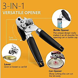 Can Opener Manual, 3-IN-1 Multifunctional Bottle opener, Heavy Duty Stainless Steel Can Opener with Ultra Sharp Blade, Can Opener with Big Easy Turn Knob, Firm-Grip Comfortable Handles, Black