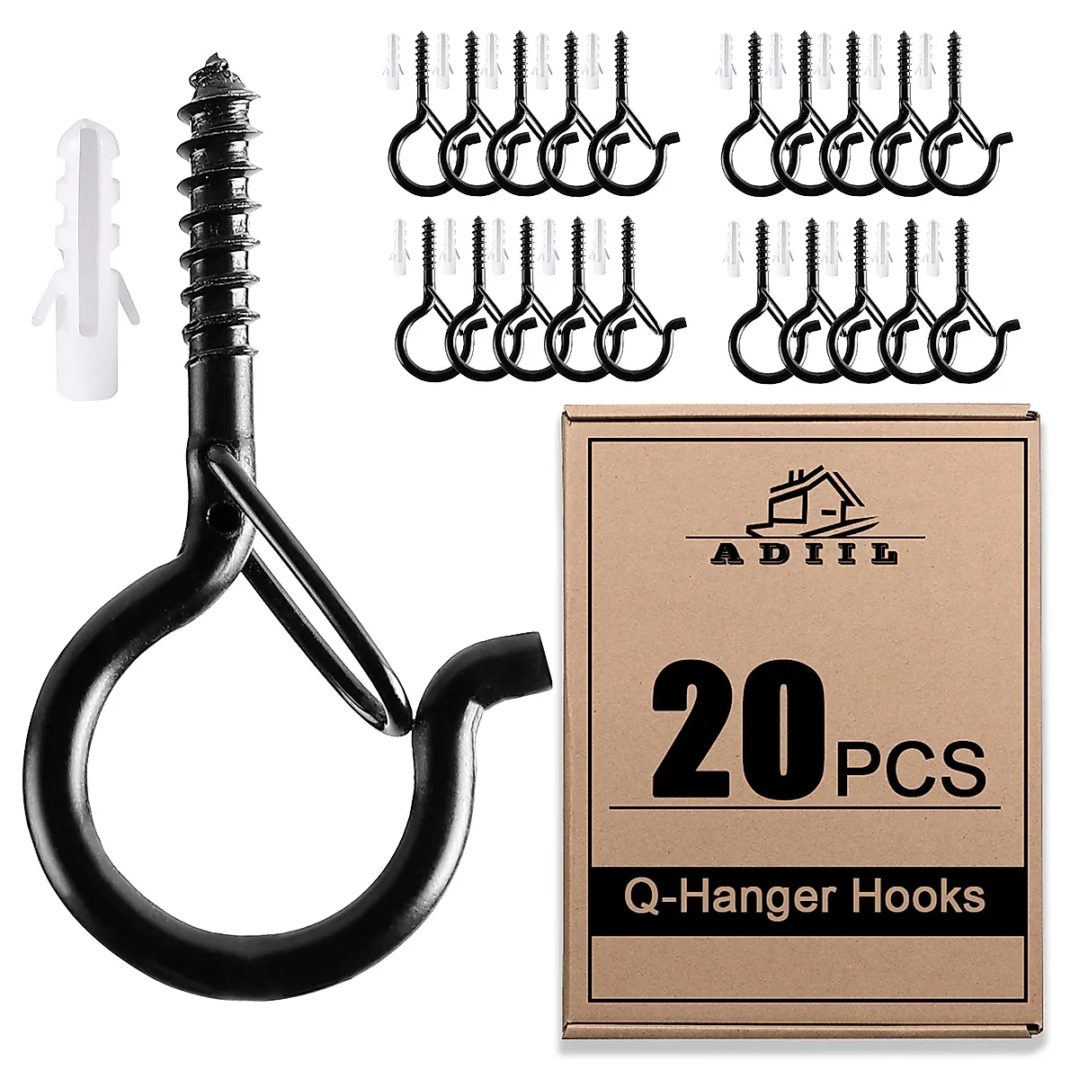 ADIIL 20 PCS Q Hanger Hooks with Safety Buckle, Windproof Screw Hooks for Hanging Outdoor String Lights, Plants, Christmas Patio Lights, 2.2 Inches, Black