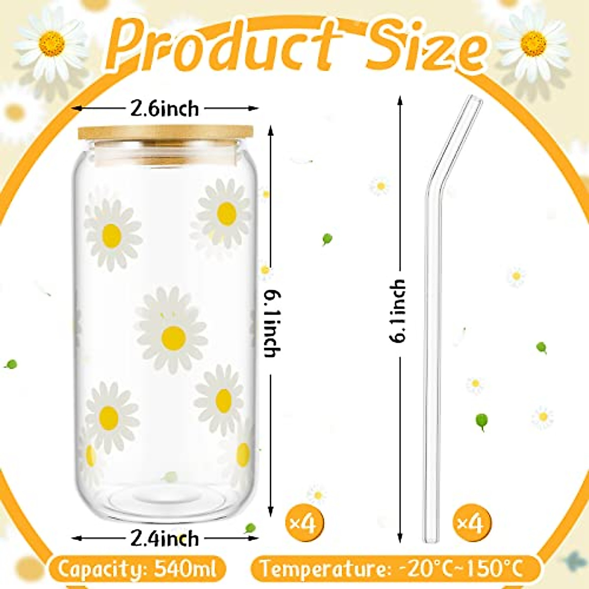 Hoolerry Daisy Flower Glass Cups with Lids and Straws 18 oz Iced Coffee Cup Drinking Glasses with Bamboo Lids Cute Flower Glass Coffee Tumbler Glasses for Home Office Kitchen (4 Pcs)