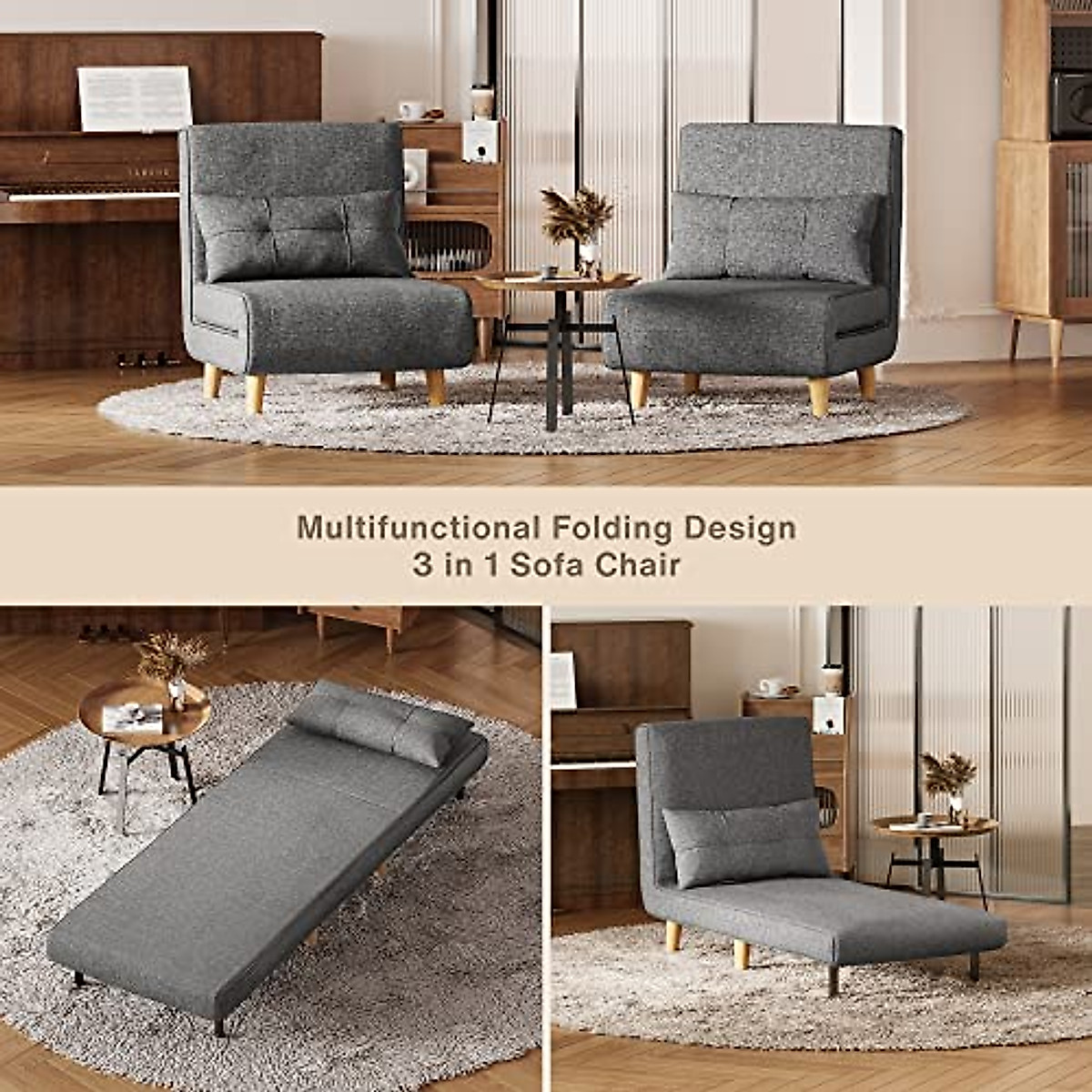 Aiho Convertible Sofa & Chair Bed, Futon Chair Sleeper with Soft Pillow, Modern Linen Fabric Solid Wood Legs, Dark Grey