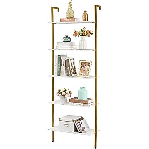 Tajsoon 5-Tier Ladder Shelf, Large Wall Mount Bookshelf with Metal Frame, Open Display Shelves for Living Room, Bedroom, Home, Plant Flower, White & Gold