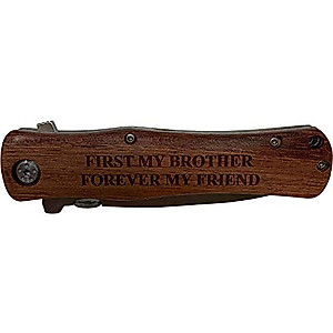 First My Brother Forever My Friend Stainless Steel Folding Pocket Knife with Clip, Wood