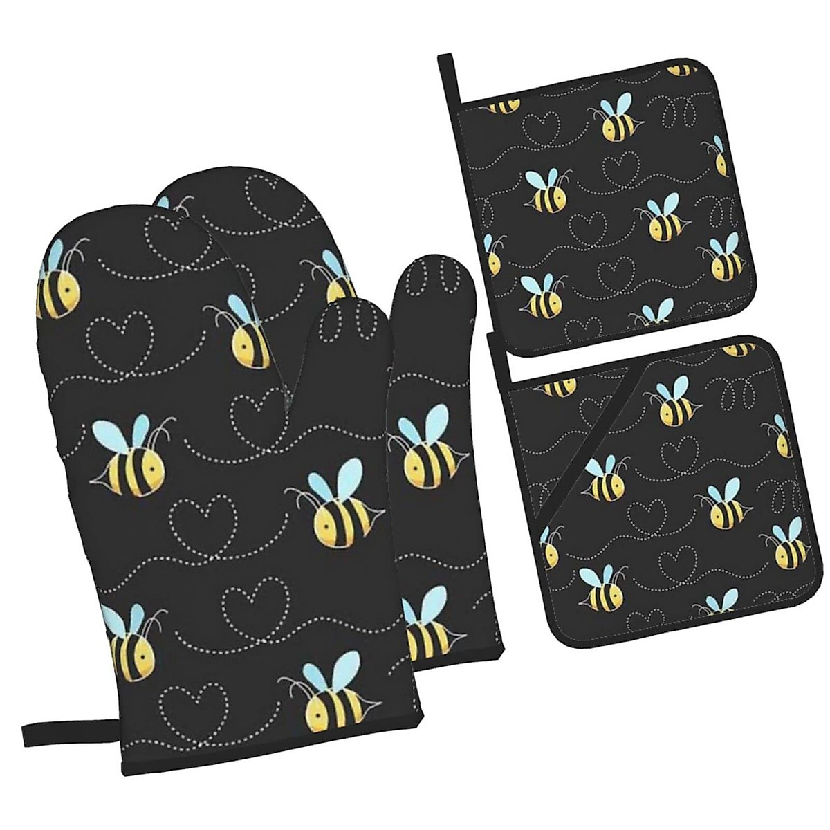 4Pcs Oven Mitts and Pot Holders Sets,Bumble Bees,Kitchen Oven Glove High Heat Resistant 500 Degree Oven Mitts and Pot Holder,Surface Safe for Baking,Cooking,BBQ
