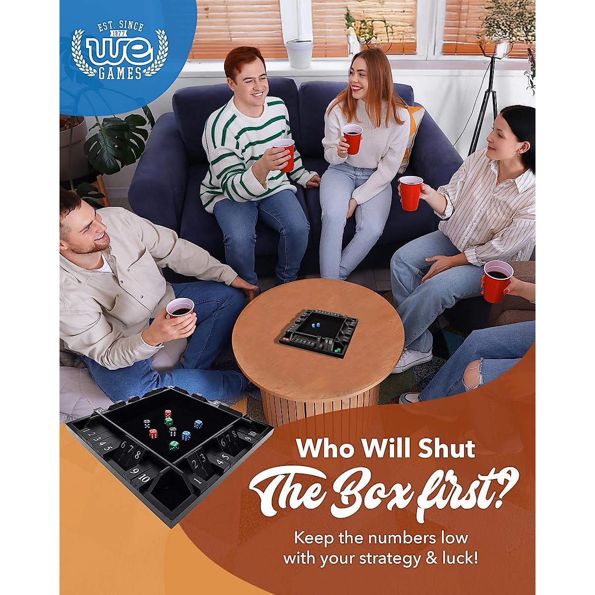 WE Games Shut The Box Wooden Board Game - Classic 4-Player Table Top Math Dice Game, Black Stained Wood, 8.5 in. Travel Size, 10 Numbers, for Families and Adults