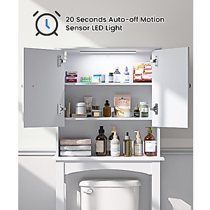 HAIOOU Over The Toilet Storage Cabinet with Motion Sensor LED Light, Double Door Bathroom Essentials Storage Organizer Space-Saving Toilet Rack with Buffering Hinges, Adjustable Shelf - Modern White