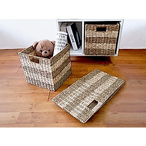 Foldable Hand-woven Wicker Cube Storage Bins, Collapsible Wicker Storage Cubes, Natural Palm Fiber & Seagrass Storage Baskets, Chi An Home Cubes Organizer with Handles, 4 Pack - 11.8" x 11.8" x 11.8"