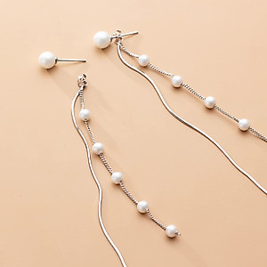 SLUYNZ 925 Sterling Silver Simulated Shell Pearl Dangle Earrings Chain for Women Elegant Long Dangle Earrings Tassel Wedding Dangle Earrings (A-Silver)