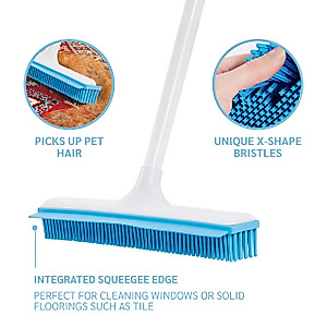 X-Broom- All Purpose Rubber Bristle Carpet Broom with Full-Length Squeegee to Remove Pet Hair, Dust, Dirt, Water