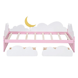 Yehha Twin Daybed for Kids, Solid Wood Bedframe w/Clouds and Moon Decor, 2 Storage Drawers, Cartoon Low Bed Frame for Boys & Girls Bedroom, Pink
