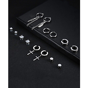 Ofeiyaa 7 Pairs Magnetic Stud Earring Stainless Steel CZ Clip On Earring Non- Piercing Huggie Chain Pendant Earring Feather Hinged Hoop Earrings Set For Women Men Silver Tone.