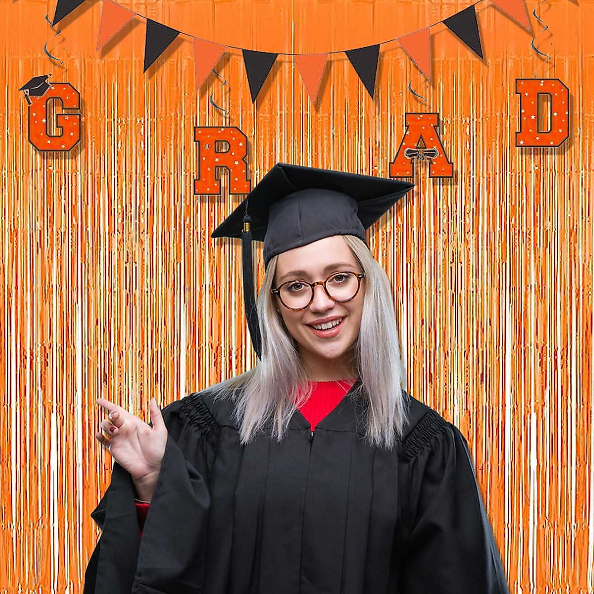 Foil Fringe Curtains Halloweens Party Decorations - Orange Tinsel Photo Backdrop Metallic Streamers for Birthdays, Fall, Pumpkin Theme, Thanksgiving, Basketball Party Decorations