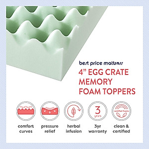 Best Price Mattress 4 Inch Egg Crate Memory Foam Mattress Topper with Calming Green Tea Infusion, CertiPUR-US Certified, Twin XL