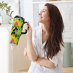 SDMKA 30oz Stainless Steel Tumbler with Straw and Handle, Vacuum Insulated Double-Walled Travel Mug, BPA-Free Leakproof Cup for Hot/Cold Beverages, Tropical Birds Palms