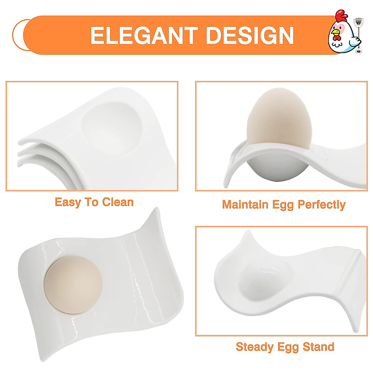 Egg Cup for Soft Boiled Eggs, Kitchenexus Egg Cups & Cracker Topper Set, 4pcs Set Ceramic Wave Egg Holder with Stainless Steel Egg Shell, Egg Stand Holders for kitchen