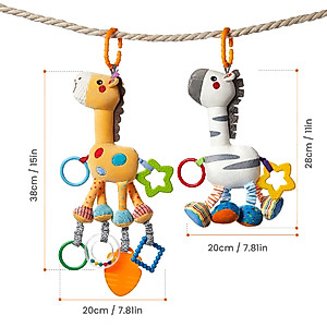 TUMAMA Baby Hanging Toys, 16 inch Plush Animals Baby Rattle Crinkle Squeaky Toys Car Seat Stroller Toys, Baby Toys for 0 3 6 9 12 Months, Sensory Learning Toys Gift for Newborn Infant, 2 Pack