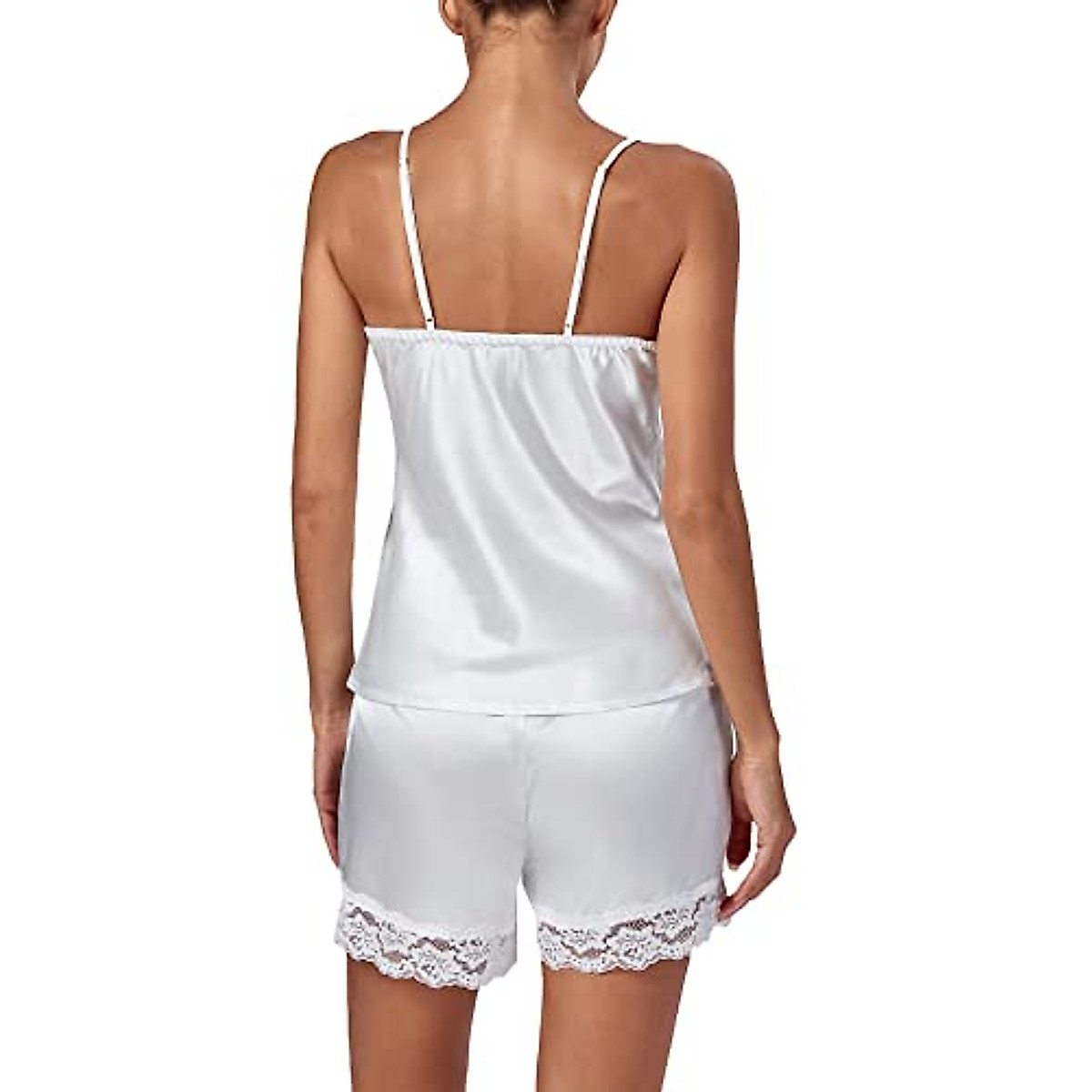 LYANER Women's 3pcs Sleepwear Silk Satin V Neck Lace Trim Cami Top and Shorts Pajama Set with Robe White Small