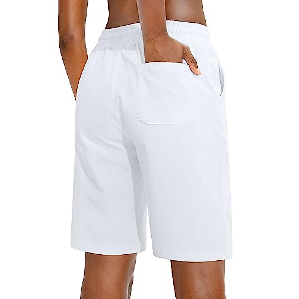 Viodia Women's Bermuda 10" Long Shorts with Pockets Cotton Sweat Lounge Shorts for Women Jersey Athletic Knee Length Shorts for Summer White