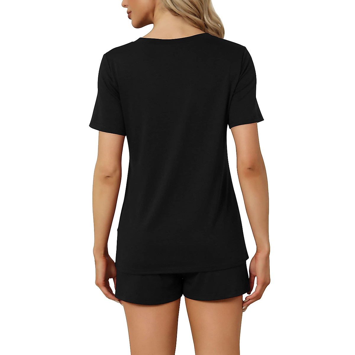 RUBZOOF Pajamas for Women Shorts Set V Neck Casual Short Sleeve Summer Lounge Sets Black L