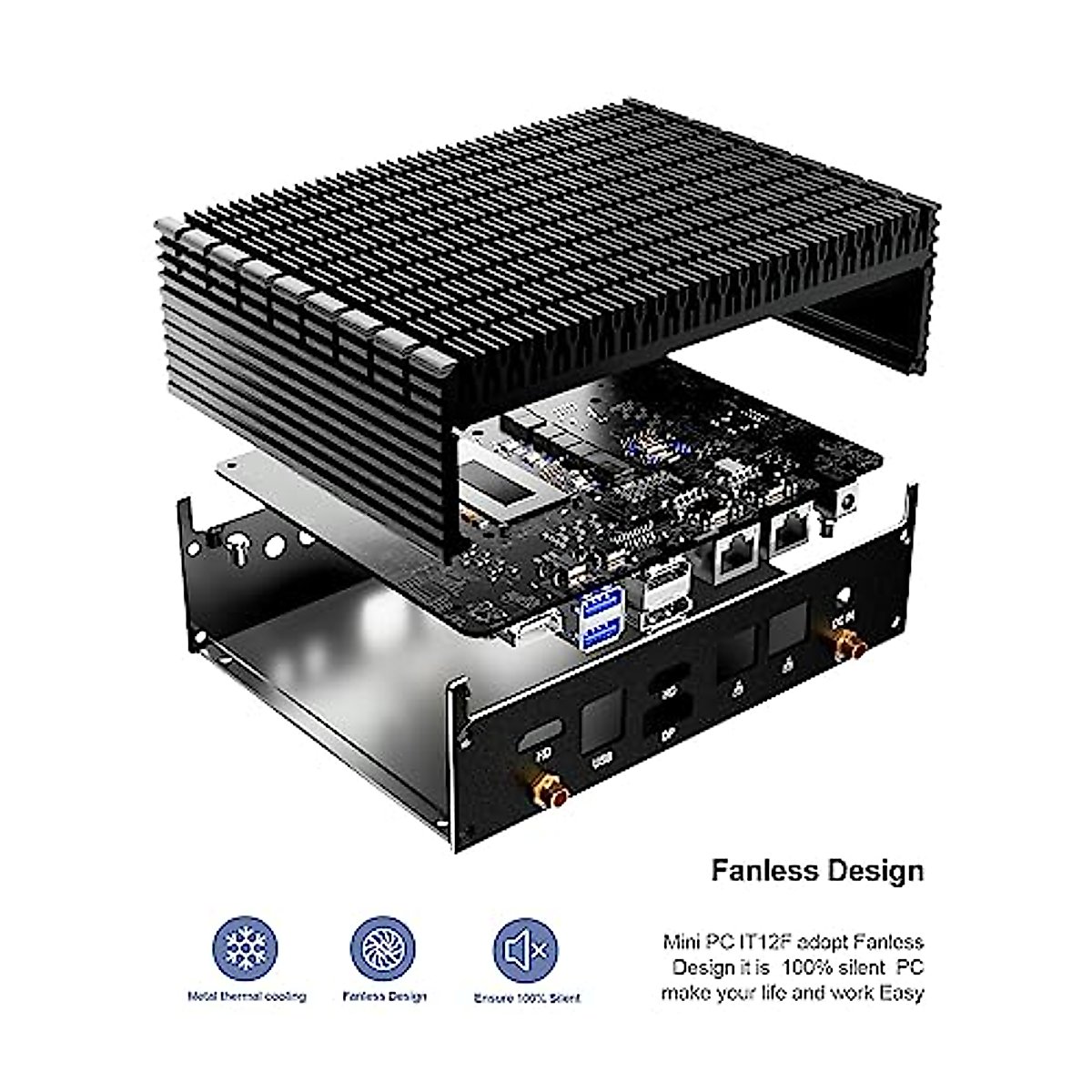 Mini PC Fanless，Intel 12th Core i7-1255U,10cores 12Threads, Slient Mini Desktop Computer 16G DDR4 1TB NVME SSD WiFi 6 BT 5.0, Dual 2.5G Ethernet,Build in Thunderbolt 4 and 4x4K Output