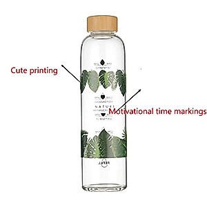 Gulujoy 32 oz Glass Water Bottle with Time Marker Bamboo Lid Neoprene Sleeve, Reusable, Leakproof, BPA Free (Regular Mouth)
