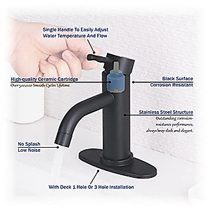 WOEN-FLOW Matte Black Bathroom Faucet Sink Faucets Vanity Vessel Faucet & Deck Plate 1 or 3 Hole Washroom Taps Lavatory Faucet Stainless Steel cUPC Certified Single Hole Handle