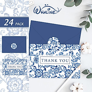 Whaline 24 Packs Floral Thank You Cards Blue White Chinoiserie Flower Greeting Cards Blank Note Cards with Envelopes and Stickers for Wedding Birthday Baby Shower Party, 4 x 6 Inch