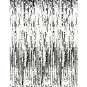 GOER 3.2 ft x 9.8 ft Metallic Tinsel Foil Fringe Curtains Party Photo Backdrop Party Streamers for Birthday,Graduation,New Year Eve Decorations Wedding Decor (Silver,1 Pack)