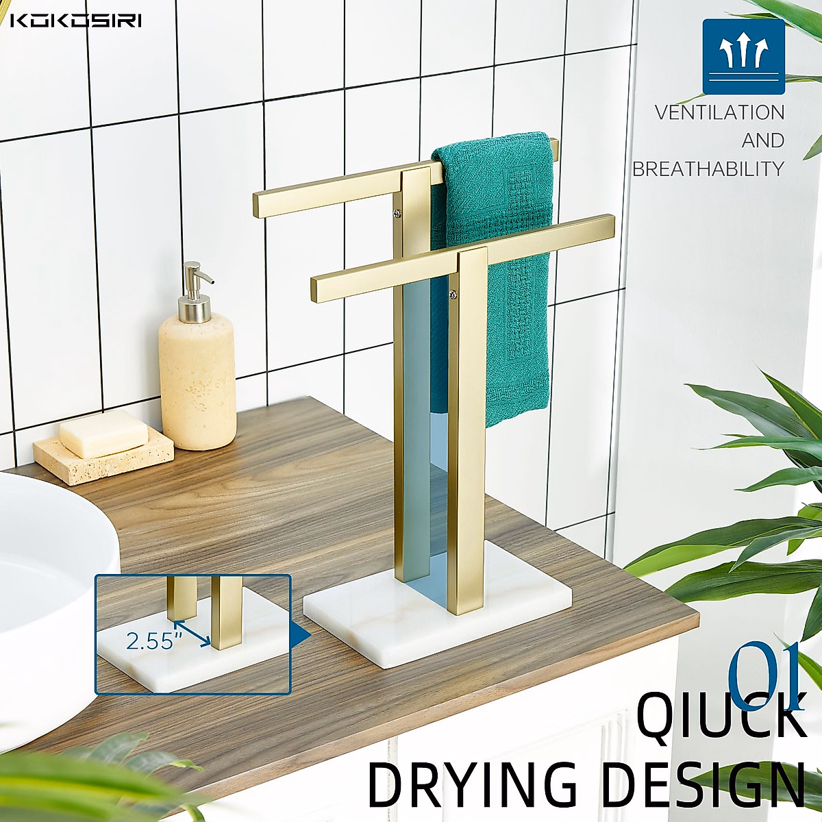 KOKOSIRI Hand Towel Bars Standing Towel Rack with Marble Base for Bathroom Kitchen Vanity Countertop, Gold Stainless Steel 15.7'' Height THS0001-SM-BG