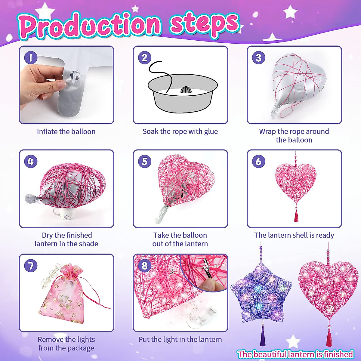 G.C 3D String Art Kit for Kids Arts and Crafts for 8 9 10 11 12 Year Old Girls Boys DIY Light up Heart Star Lantern Toys Birthday Gifts 20 Multi-Colored LED Bulbs