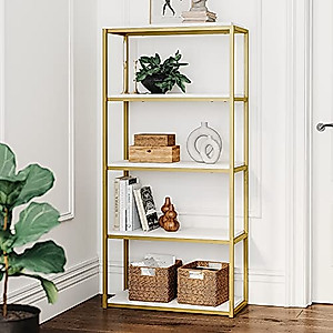 Nathan James Oscar Modern 5-Shelf Bookcase Industrial Bookshelf with Metal Frame and Wood Storage Shelves, Etagere, Gold/White