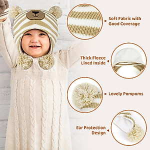 Century Star Baby Boy Hat Winter Fleece Lined Hat Knit Earflap Kids Caps Infant Toddler Hats for Baby Girls with Pom Pom Bear Coffee & Bear Navy 0-12 Months