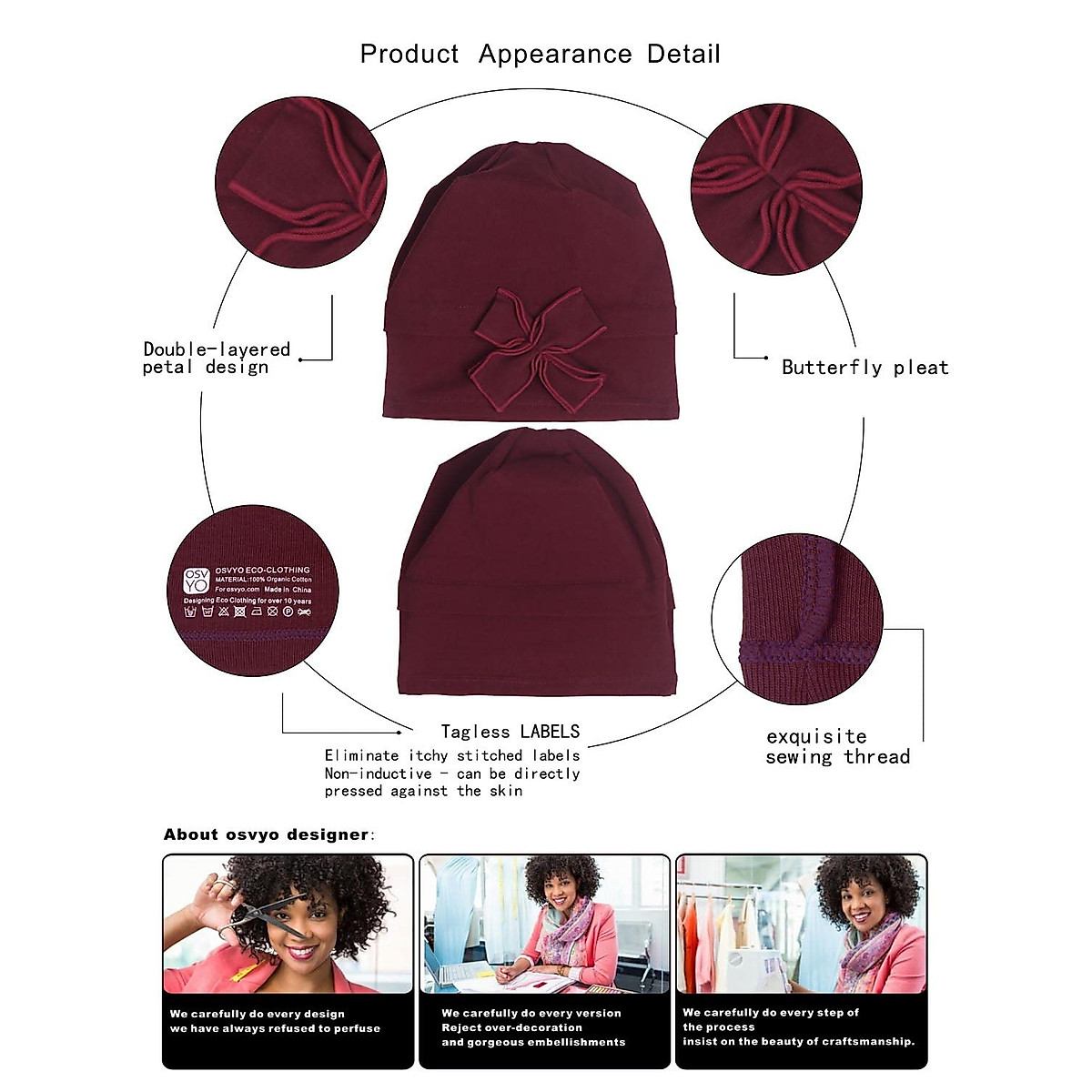 osvyo Cotton Chemo Turbans headwear Beanie Hat Cap for Women Cancer Patient Hairloss BLACK