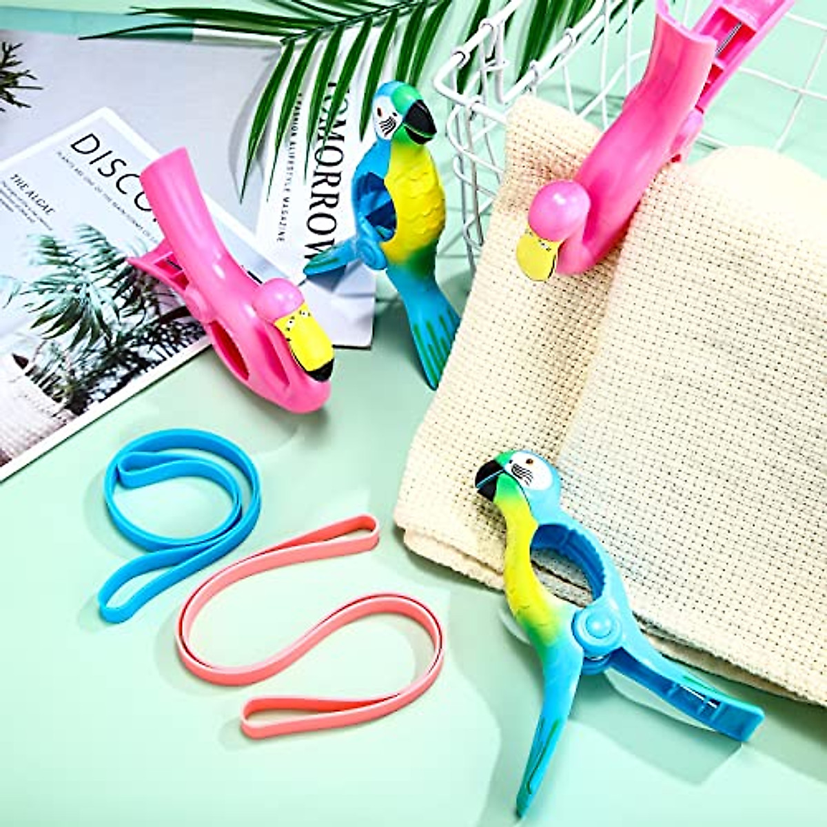 6 Pcs Beach Towel Accessories, Flamingo Beach Towel Clip Parrot Towel Holder Clothes Pegs, Beach Towel Bands Jumbo Size for Clothes Quilt Blanket Home Patio Pool Chair
