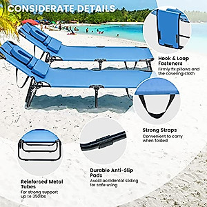 GYMAX Tanning Chair, 350lbs Beach Lounge Chair with Face Hole, Detachable Washable Pillow & Carry Strap, Adjustable Folding Chaise Lounge, Layout Chair for Outside, Patio, Poolside, Lawn (2, Blue)