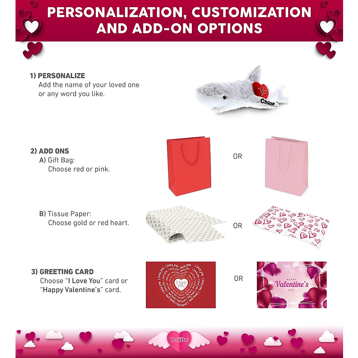 DolliBu I Love You Valentine Plush Big Eye Great White Shark - Cute Stuffed Animal with Red Heart and Name Personalization Gift for Valentines Day, Birthday, Anniversary, Romantic Date - 23 Inches